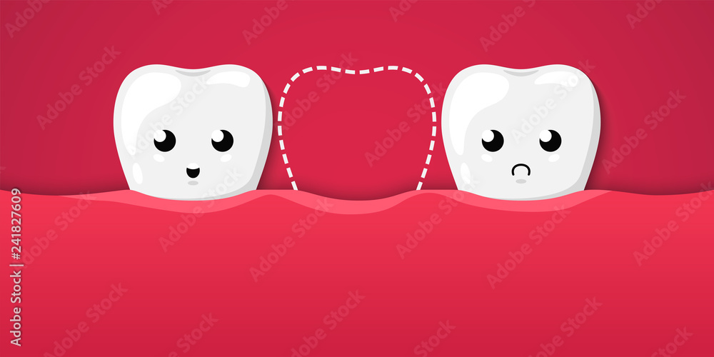 Tooth isolated on a red background. Cute cartoon character. Tooth ...