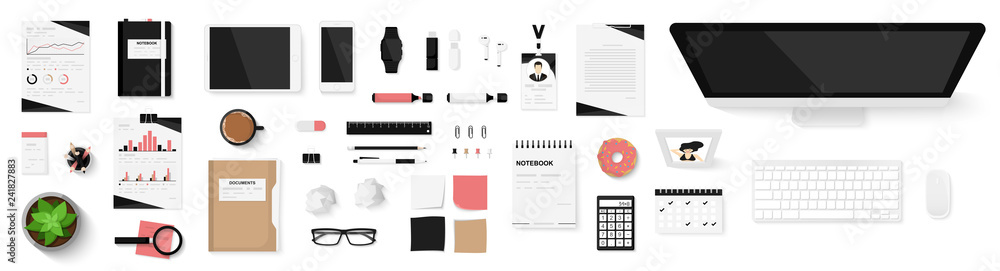 Office objects set isolated on white background. Working space. Top ...