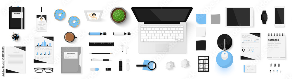 Office objects set isolated on white background. Working space. Top ...