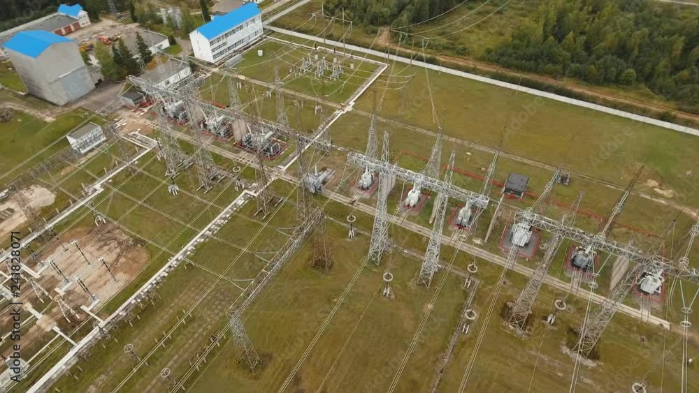 Aerial view Power plant, transformation station, cables and wires. High ...