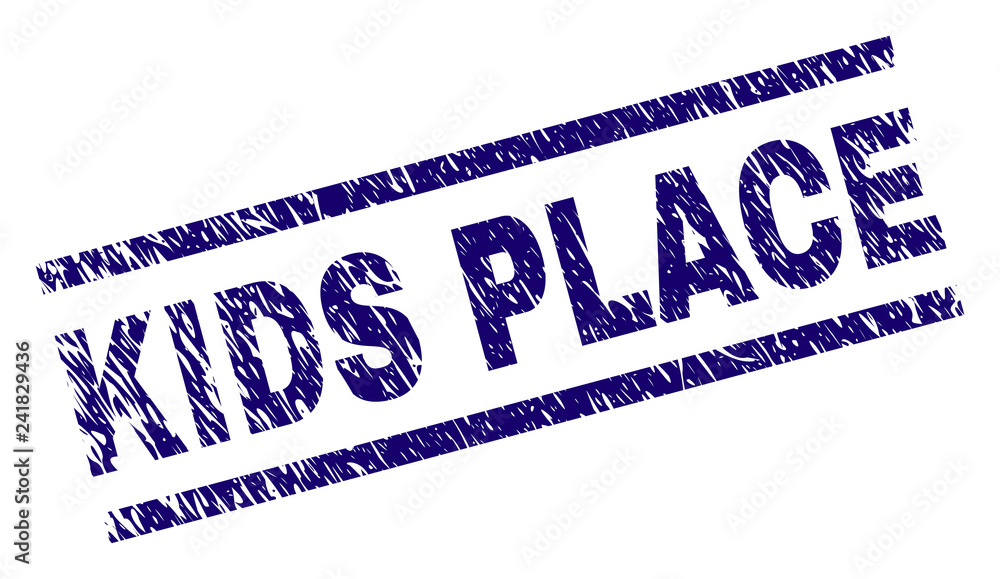 KIDS PLACE seal print with scratced style. Blue vector rubber print of ...