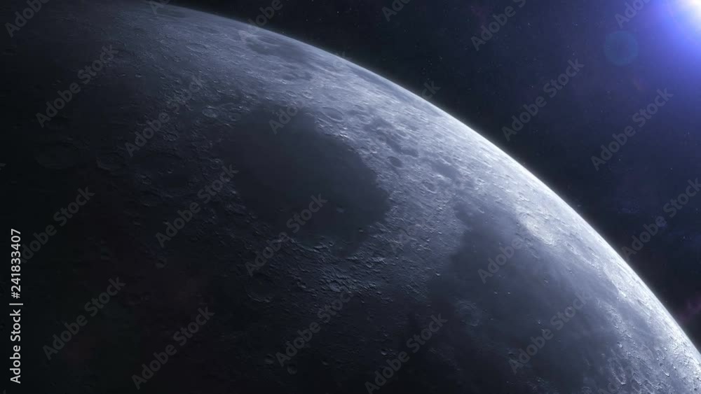 Moon seen from space with blue sun. Two shots included. Orbiting the ...