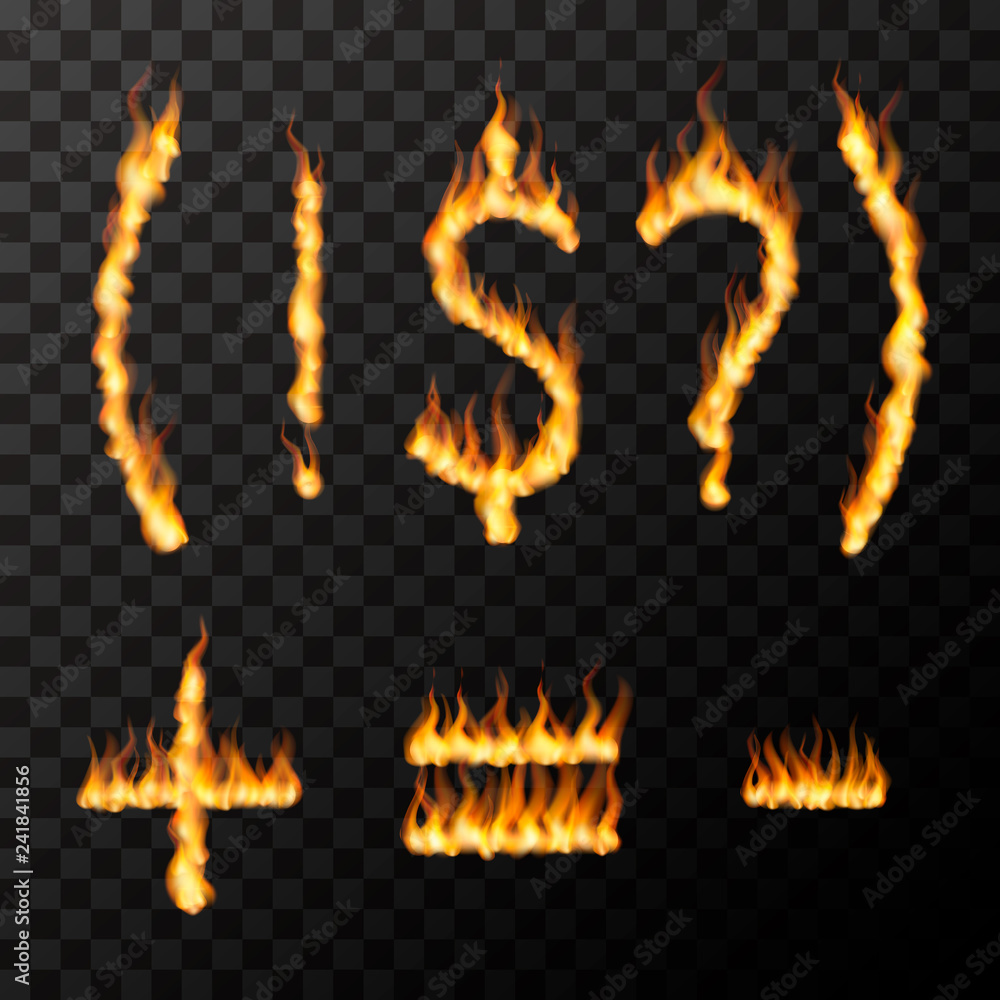 Bright realistic fire flames in special letters shape, hot font concept ...