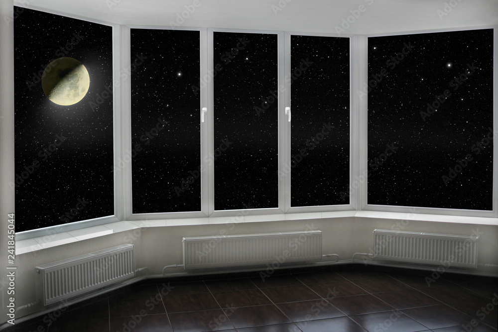 window with view to Moon and dark night sky. Stars and moon Stock Photo ...