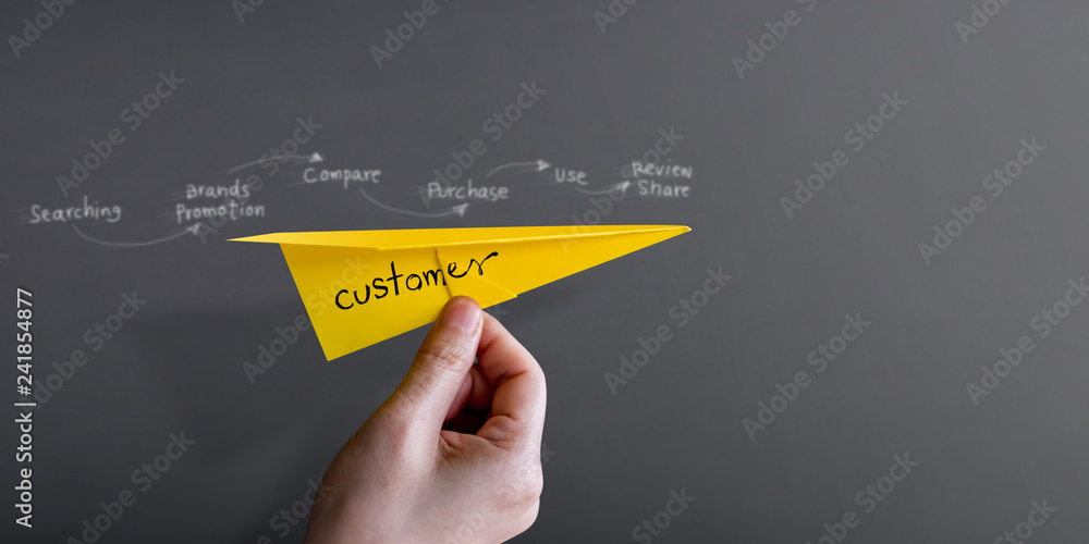 Customer Journey and Experience Concept. Hand Raise Up a Paper Plane ...