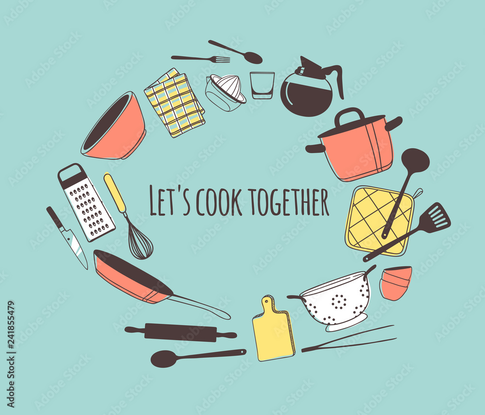 Hand drawn illustration cooking tools and dishes and quote. Creative ...
