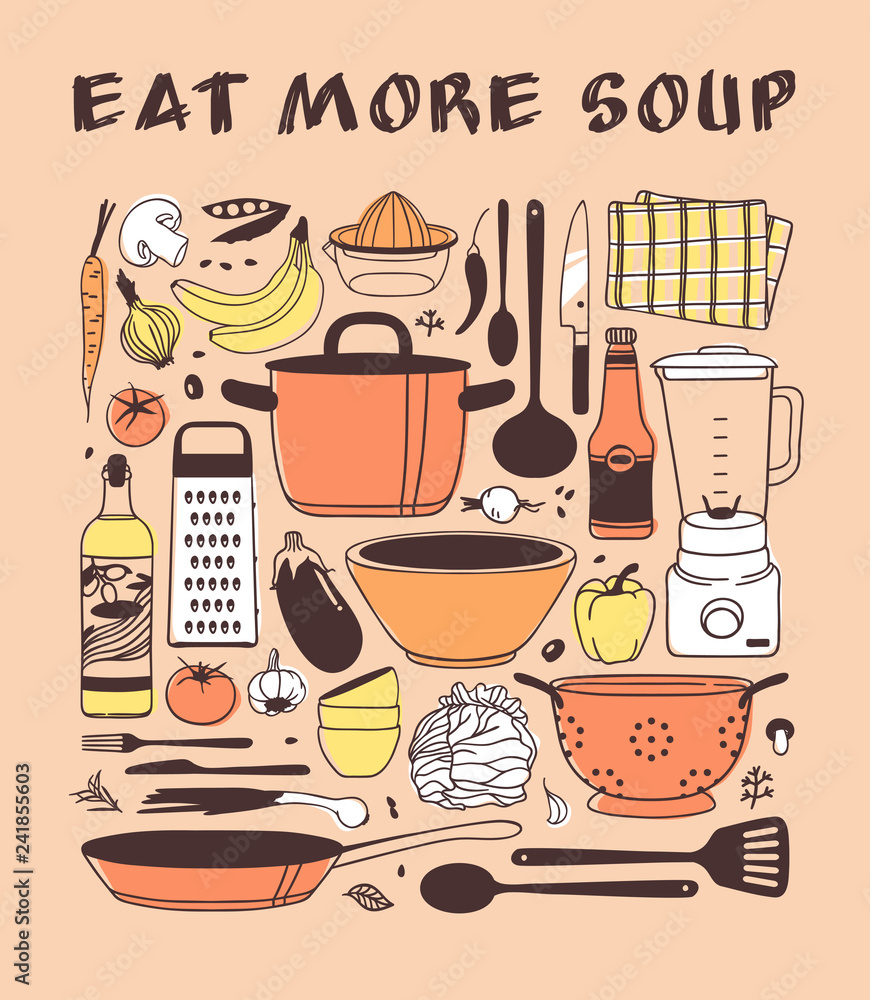 Hand drawn illustration cooking tools, dishes, food and quote. Creative ...