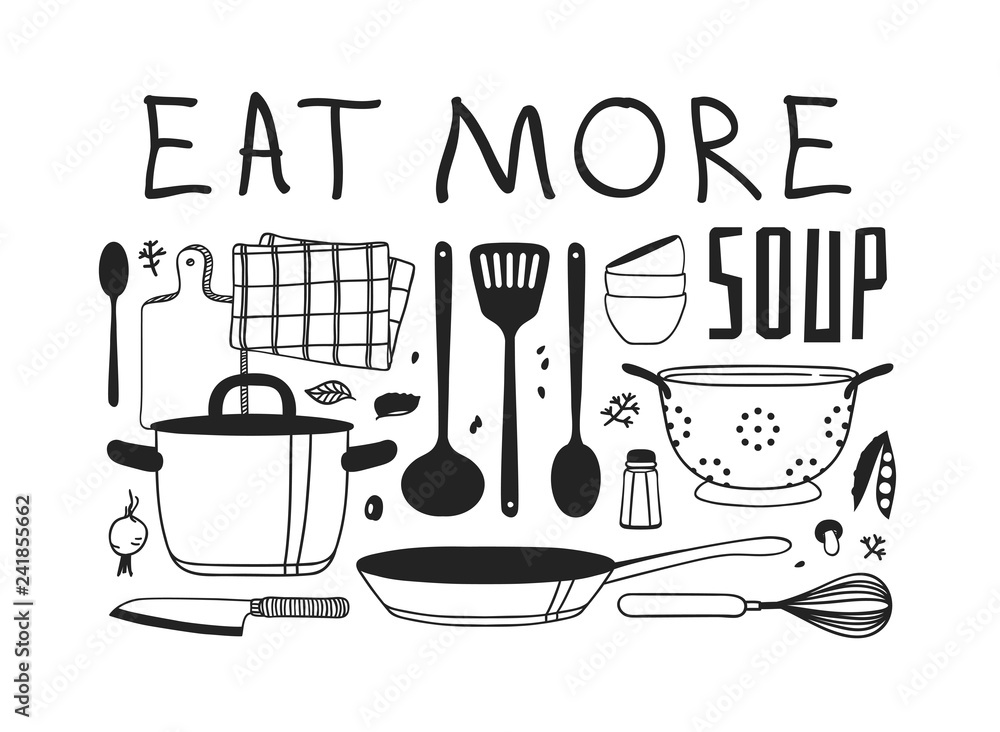 Hand drawn illustration cooking tools, dishes, food and quote. Creative ...