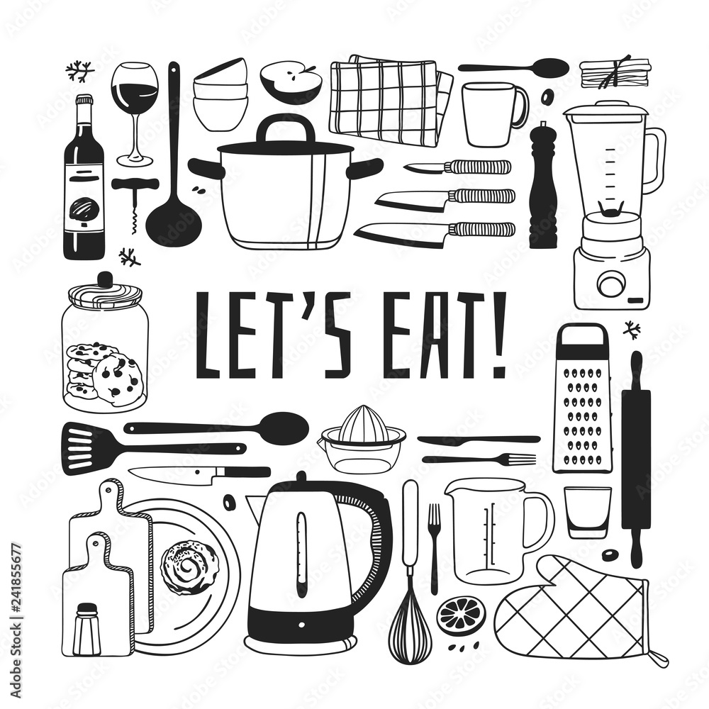 Hand drawn illustration cooking tools, dishes, food and quote. Creative ...