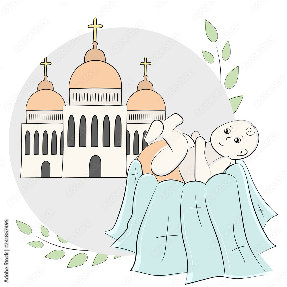 Church, temple, chapel with domes and crosses. Branches of a tree with ...