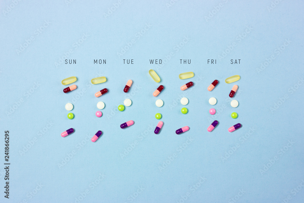 Weekly plan or schedule of medication in pills and capsules with the ...