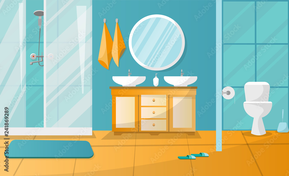 Modern bathroom interior with shower cabin. Bathroom furniture - stand ...