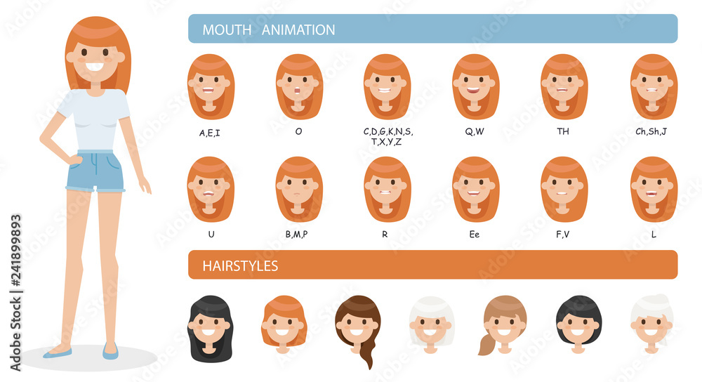 Cute cartoon girl character set isolated on a white background ...