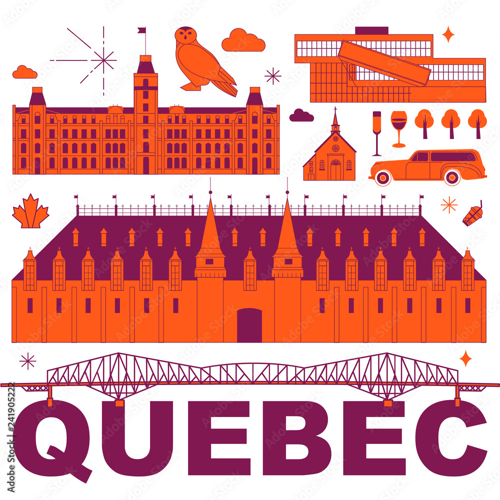 Quebec culture travel set, famous architectures and specialties in flat ...
