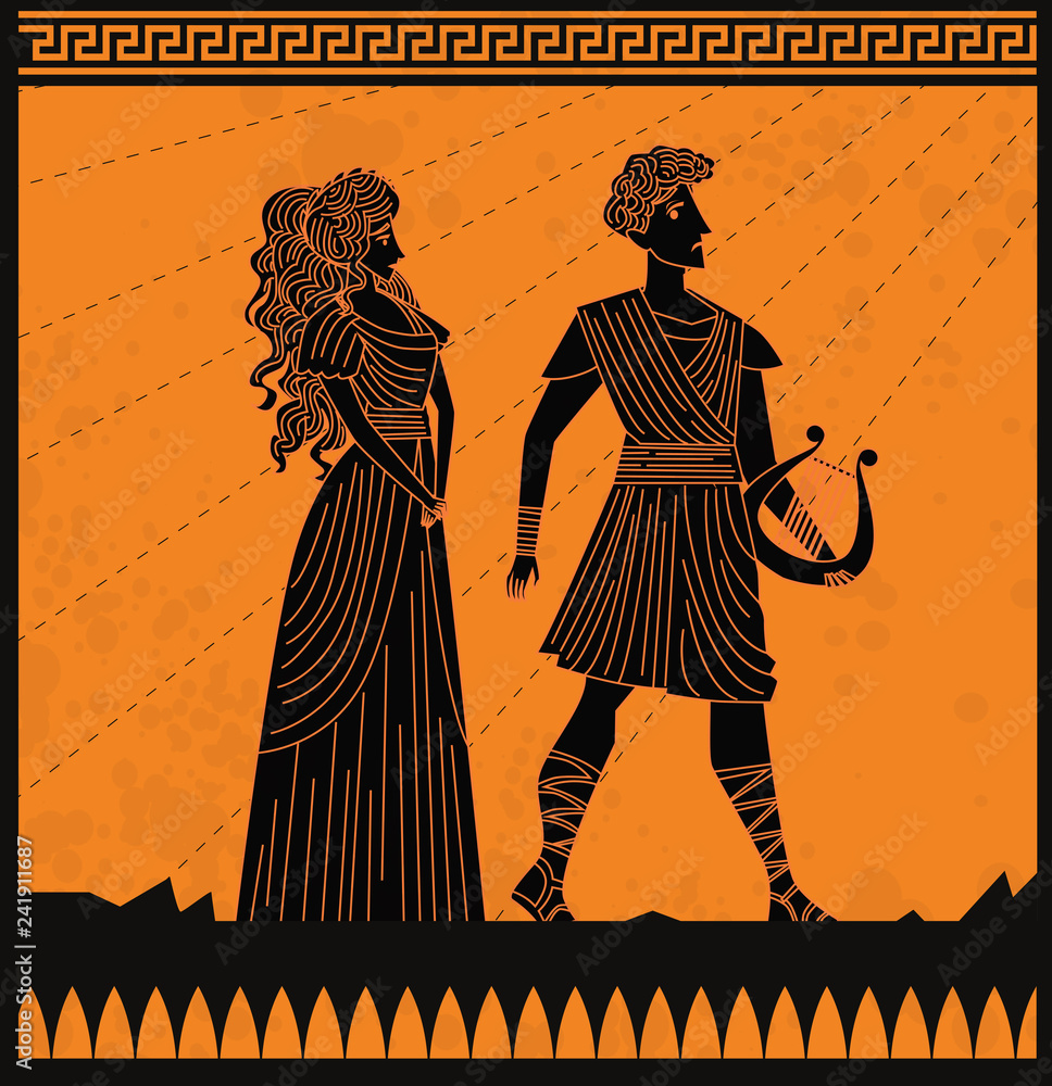 Eurydice and orpheus orange and black scene Stock Vector | Adobe Stock