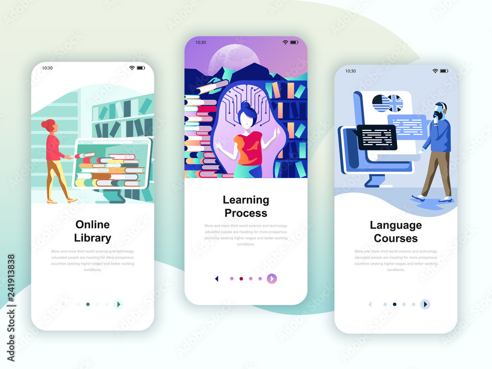 Set of onboarding screens user interface kit for Library, Learning ...