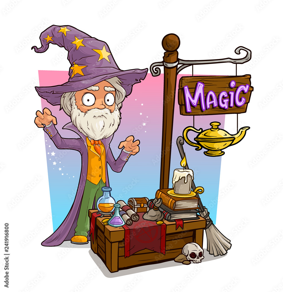 Cartoon old wizard character and magic shop market vector de Stock ...