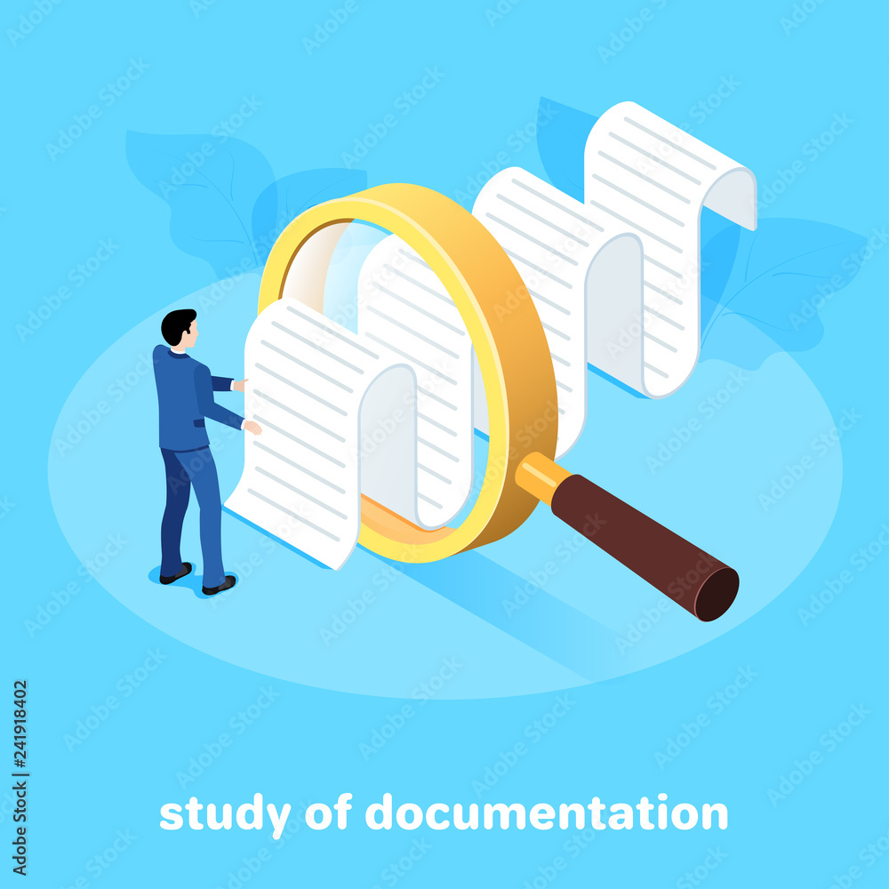 isometric image on a blue background, a man in a business suit looks ...