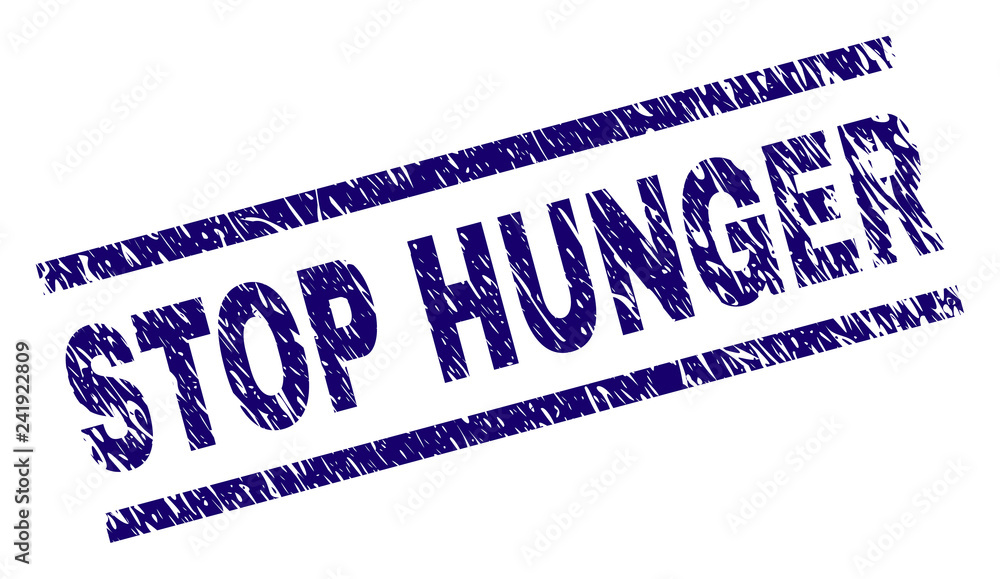 STOP HUNGER seal watermark with scratced style. Blue vector rubber ...