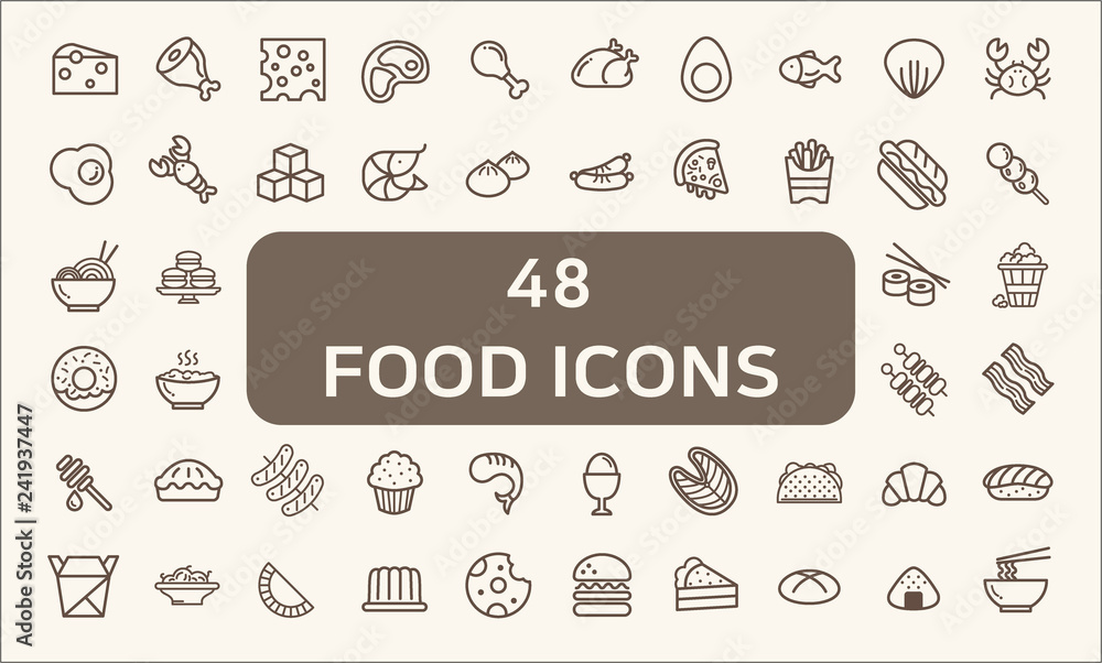 Set of 48 Food Related Vector Line Icons. Stroke icons set. Collection ...