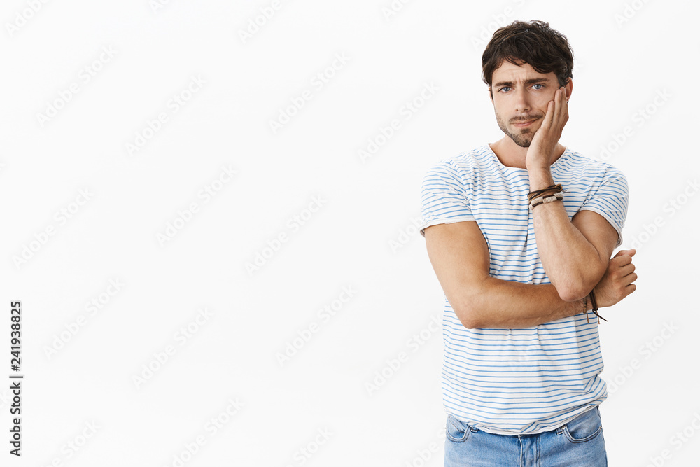 Annoyed and tired employer being fed up of silly excuses leaning head ...