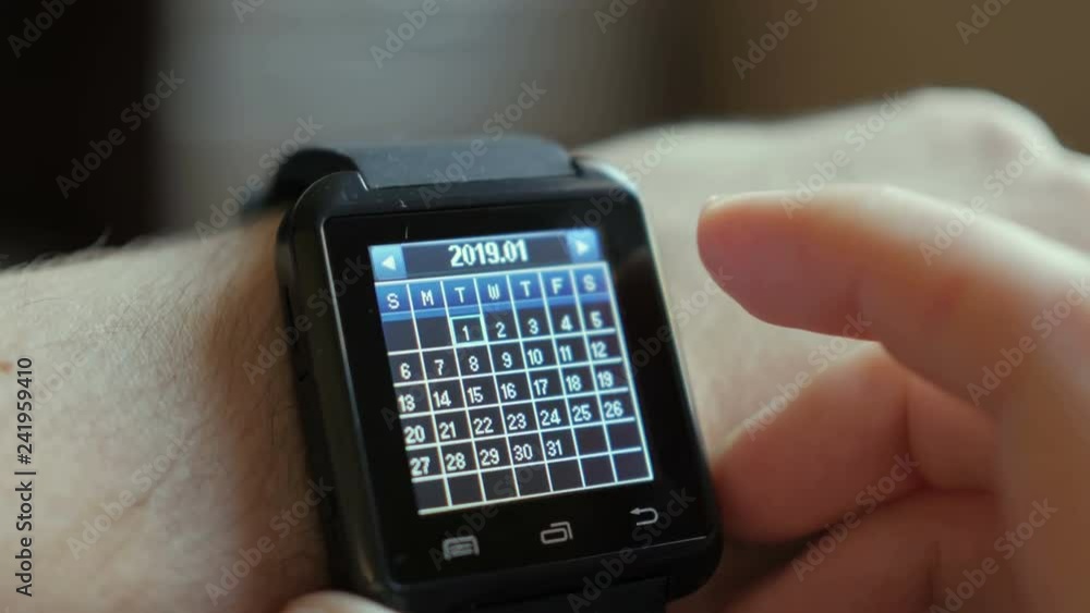 Man Using Calendar App Smart Watch to Check Schedule. Close up ...