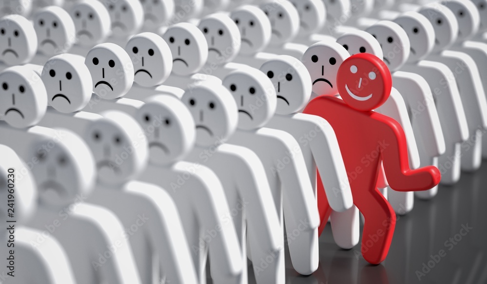 Illustrazione Stock One happy man is out of crowd of many sad people ...