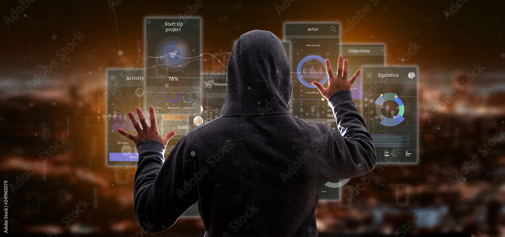 Hacker man holding User interface screens with icon, stats and data 3d ...