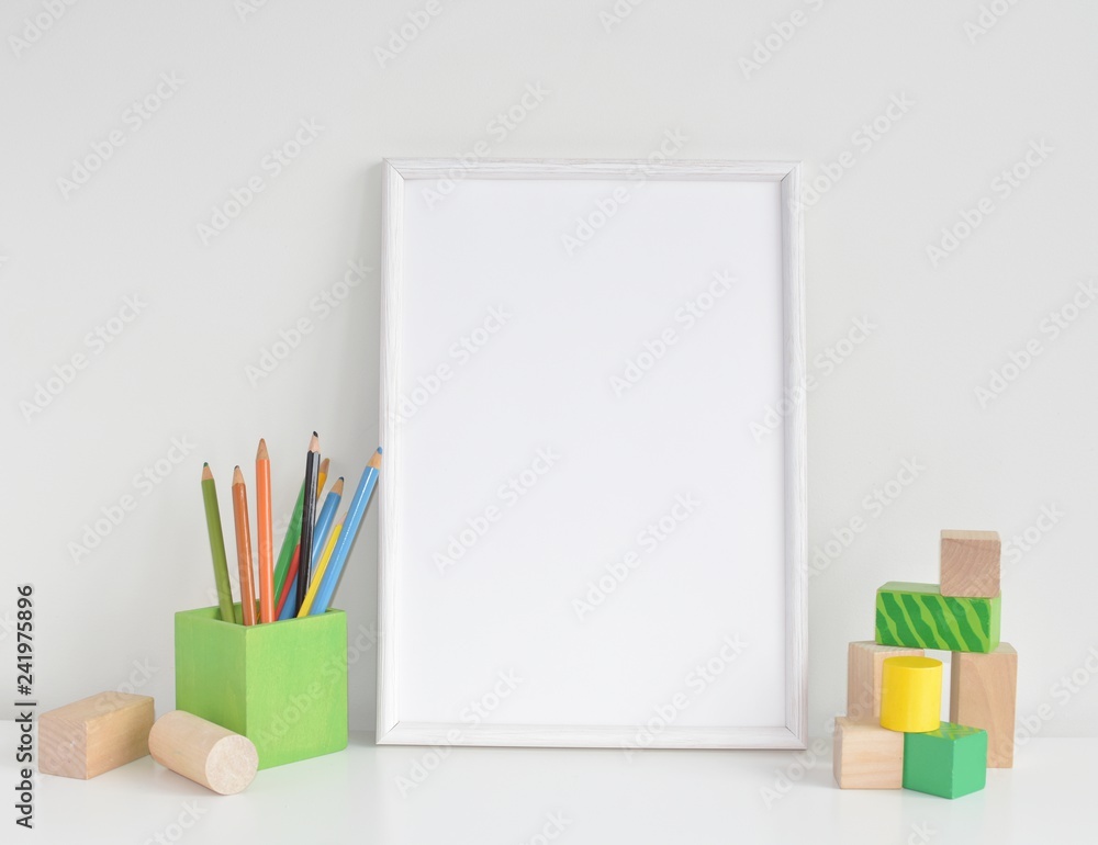 Blank frame in kids room, white frame mock up for prints, artwork ...