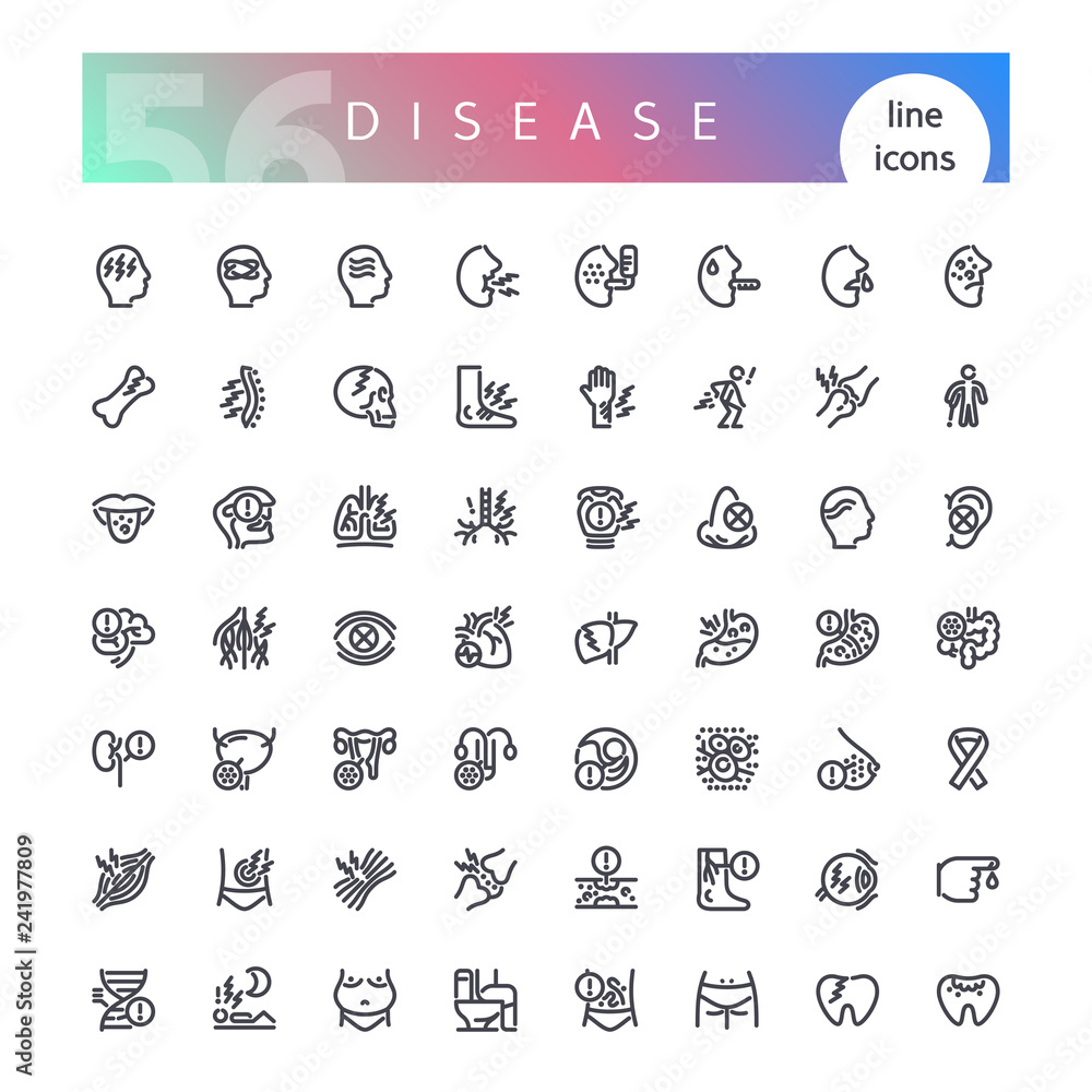 Set of 56 human diseases, illness and injuries line icons suitable for ...