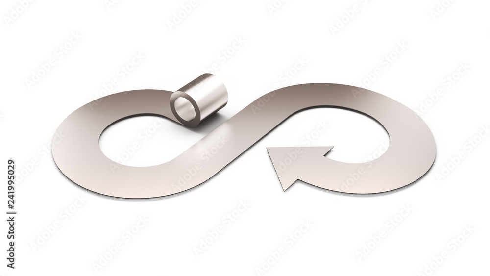 Circular economy concept. Gray metal roller and arrow infinity ...