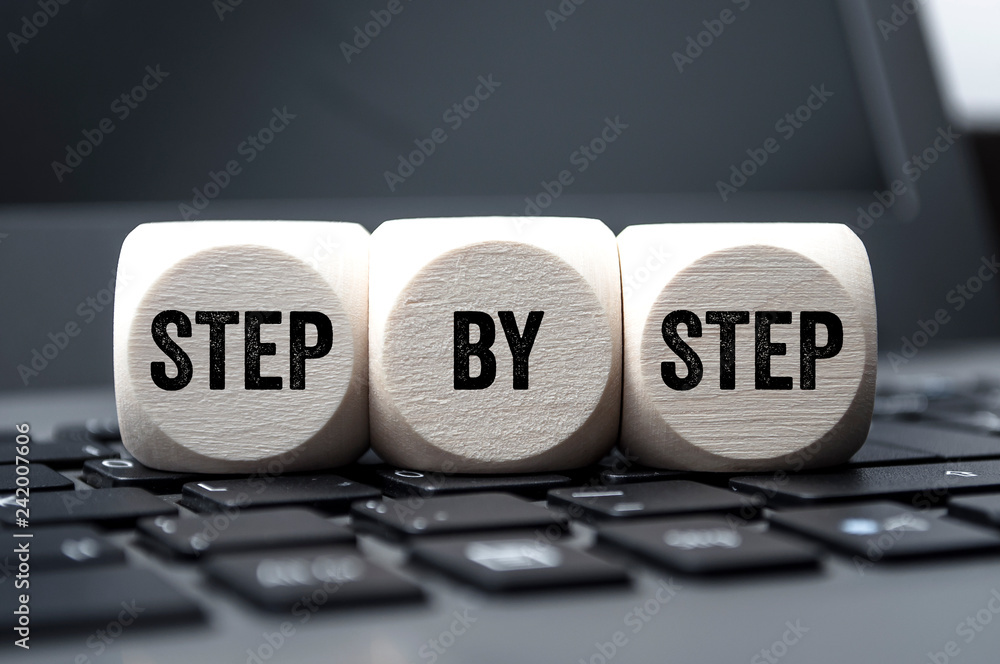 Photo & Art Print Cubes dice with step by step on keyboard, Stockwerk ...