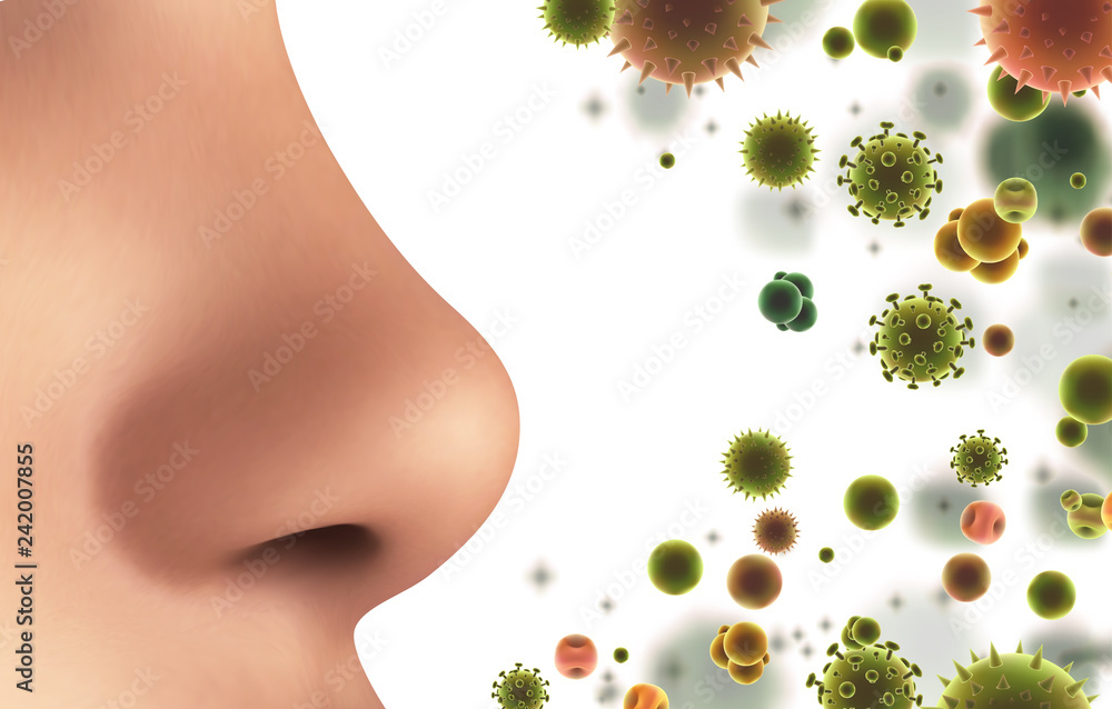 vector banner. nose and particles, bacteria, viruses. protection ...