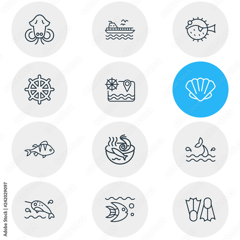 Vector illustration of 12 marine icons line style. Editable set of ...
