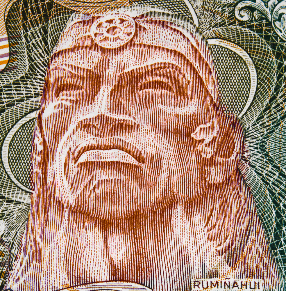 Ruminahui portrait on Ecuador 1000 sucre banknote close up. Inca ...