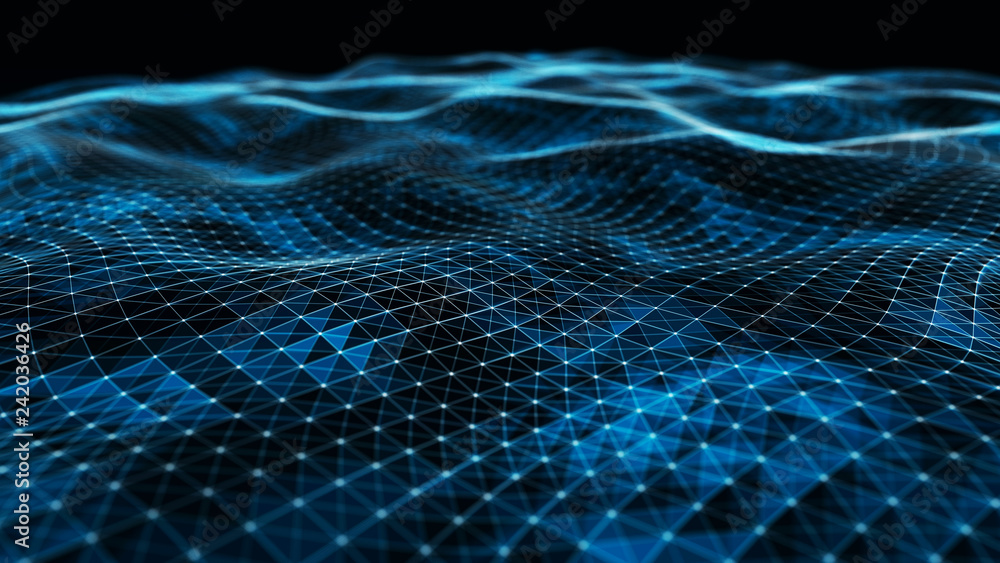 Digital data visualization. cybernetic particles. Low poly mesh. Flow ...
