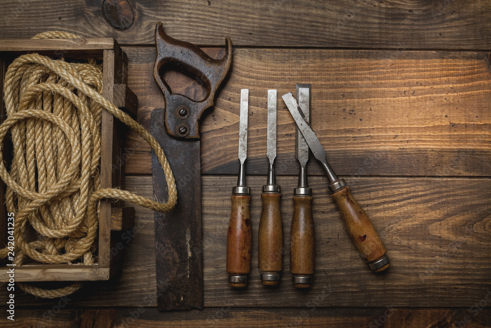 Fondo con algunas herramientas de carpintero Stock Photo | Adobe Stock