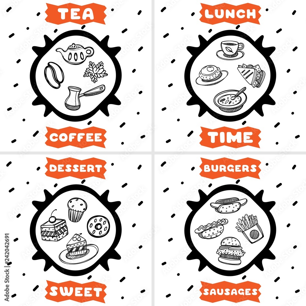 Set of 4 cute hand drawn poster menu for cafe on food background ...