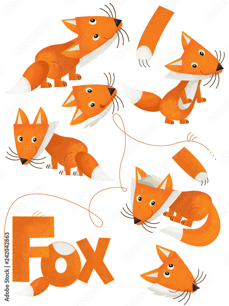 cartoon scene with set of foxes on white background with sign name of ...