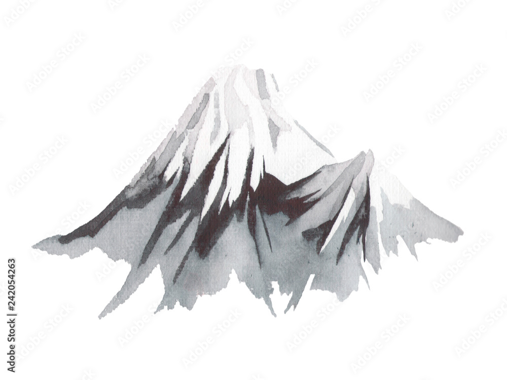 Japan traditional sumi-e painting. Fuji mountain, sakura, sunset. Japan ...