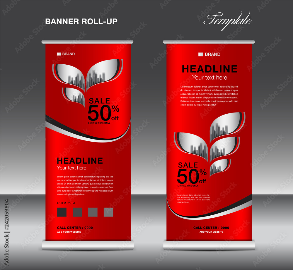 Red Roll up banner template vector, advertisement, x-banner, poster ...
