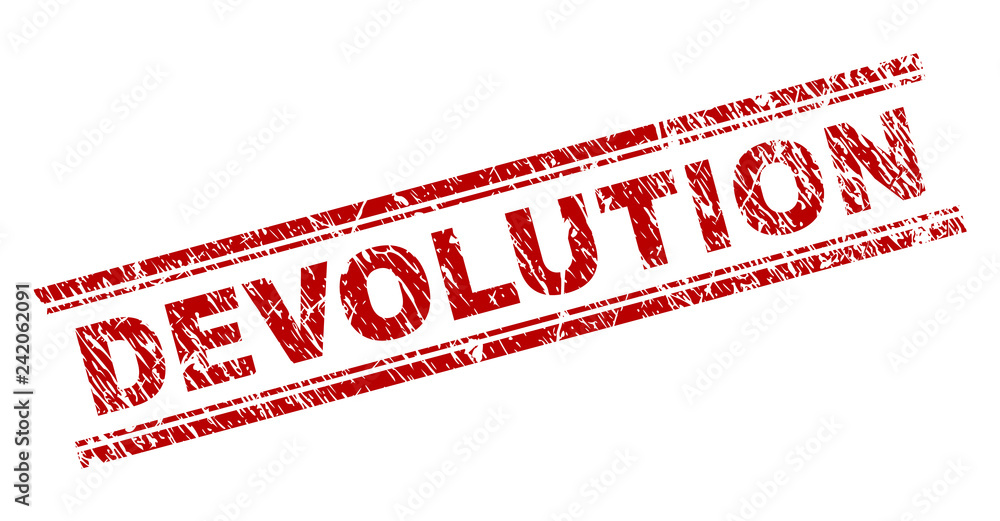DEVOLUTION seal print with corroded style. Red vector rubber print of ...