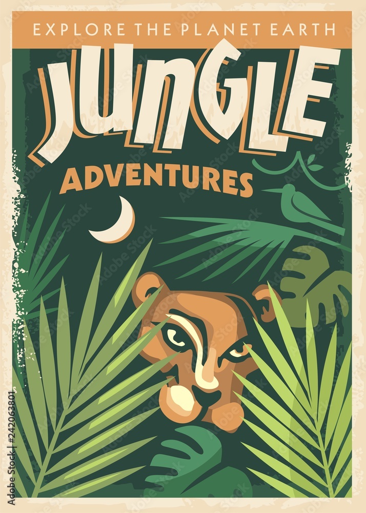 Jungle adventures retro poster design with wild animal and jungle trees ...