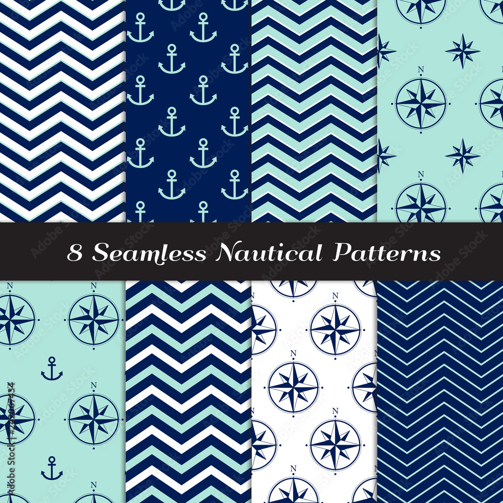 Nautical Vector Patterns with Anchors, Compasses and Chevron. Navy Blue ...