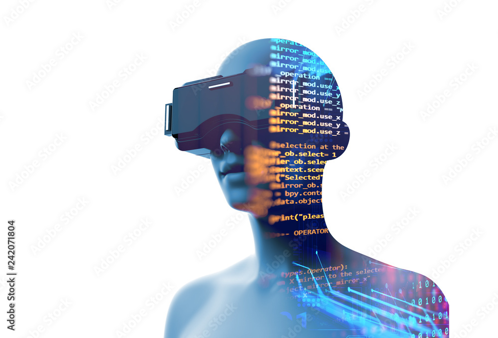 3d rendering of virtual human in VR headset on futuristic technology ...