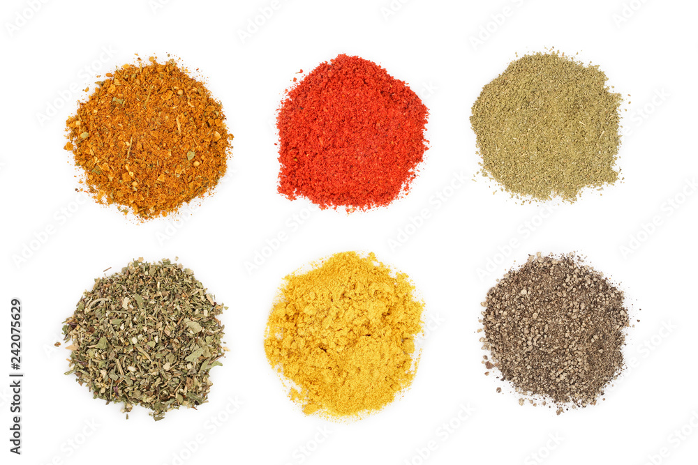 mix of spices isolated on a white background. Top view. Flat lay. Set ...