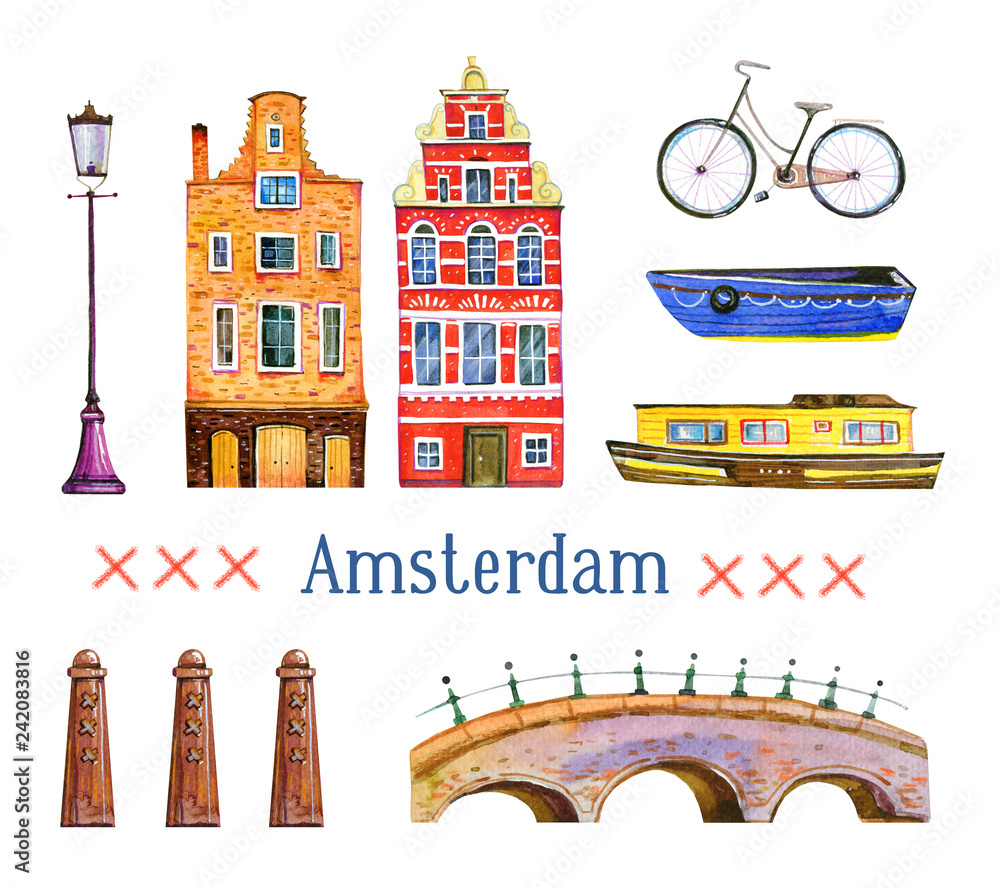 Amsterdam illustration. Watercolor hand drawn set. Houses, bicycle ...