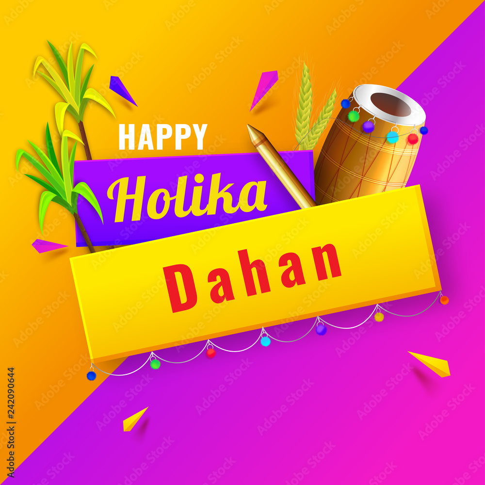 Vector illustration of dhol (Drum), color gun and sugarcane on yellow ...