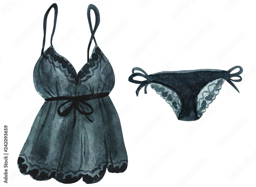 Watercolor black lingerie. Hand drawn illustration. Isolated on white ...