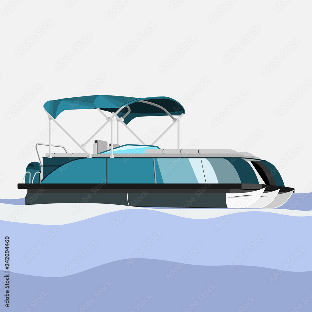 Editable Semi-Oblique Side View Detailed Pontoon Boat on Wavy Water ...